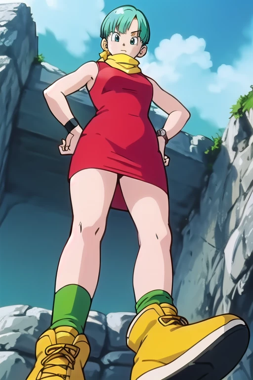 Bulma, 1girl, solo, short hair, blue eyes, dress, blue hair, full body ...