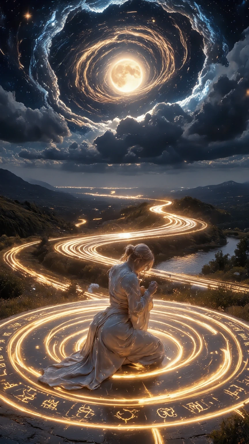 A breathtaking and serene scene of a celestial priestess kneeling at ...