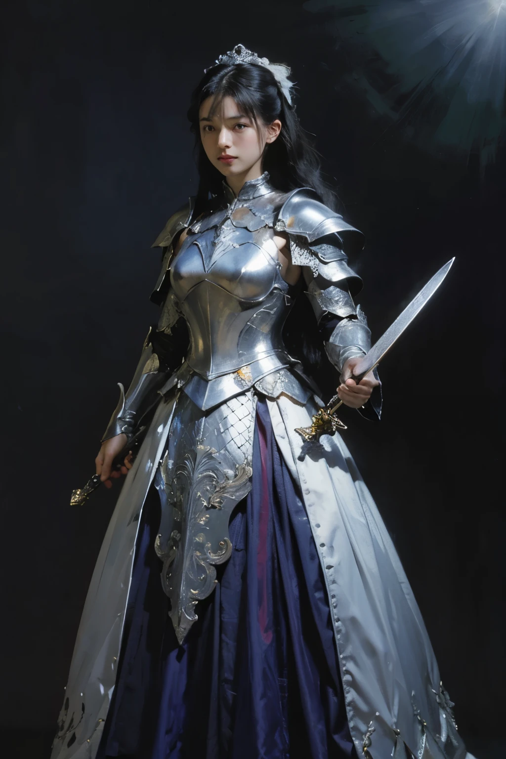 Arafed woman in a silver and blue dress holding a sword - SeaArt AI