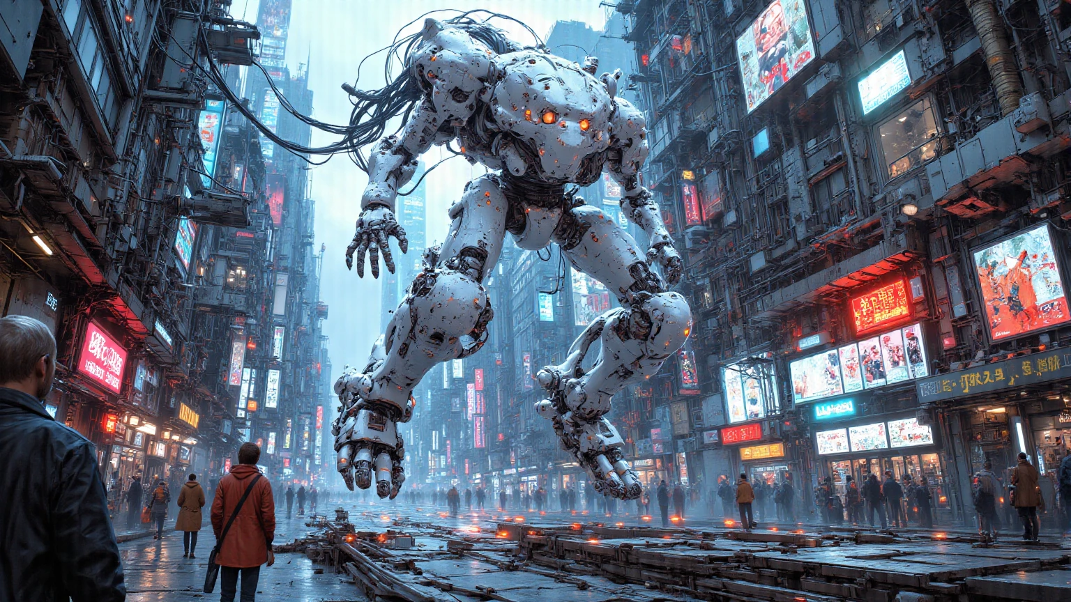A giant robot that appeared in a huge megalopolis , A robot made of ...