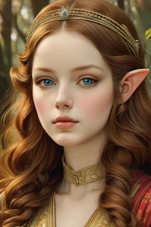 a young elf princess with long flowing hair, sitting on the throne of ...