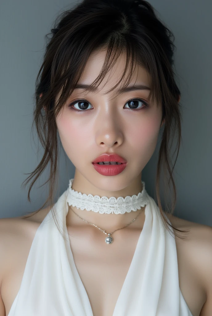 of a beautiful Japanese girl、 medium full shot wearing a white halter ...