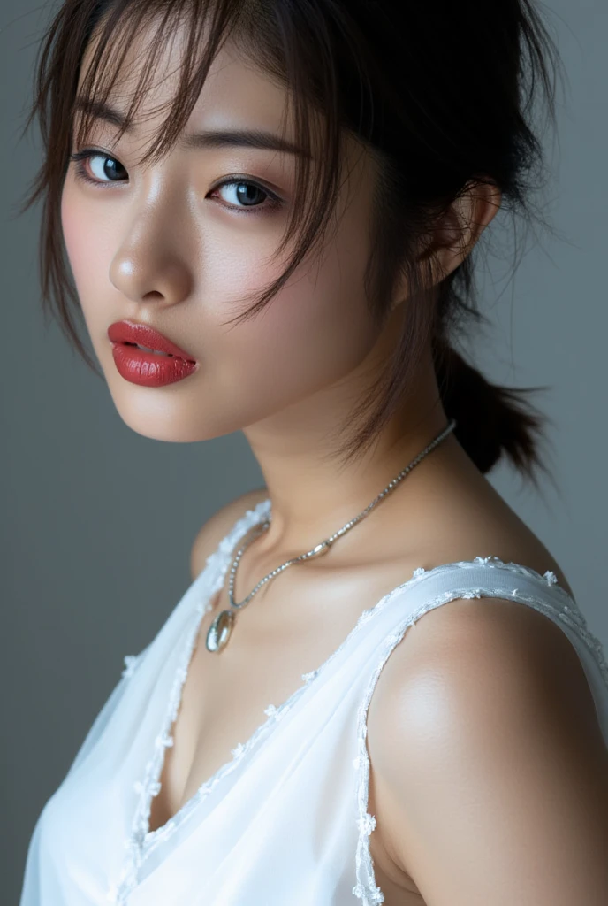 of a beautiful Japanese girl、 medium full shot wearing a white halter ...