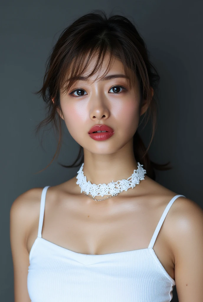 of a beautiful Japanese girl、 medium full shot wearing a white halter ...