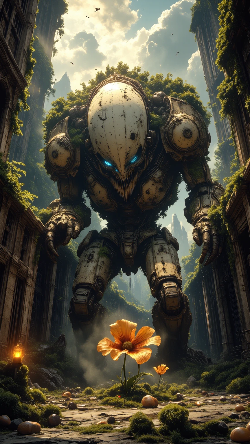 A dramatic and awe-inspiring low-angle view of a colossal, rugged robot ...