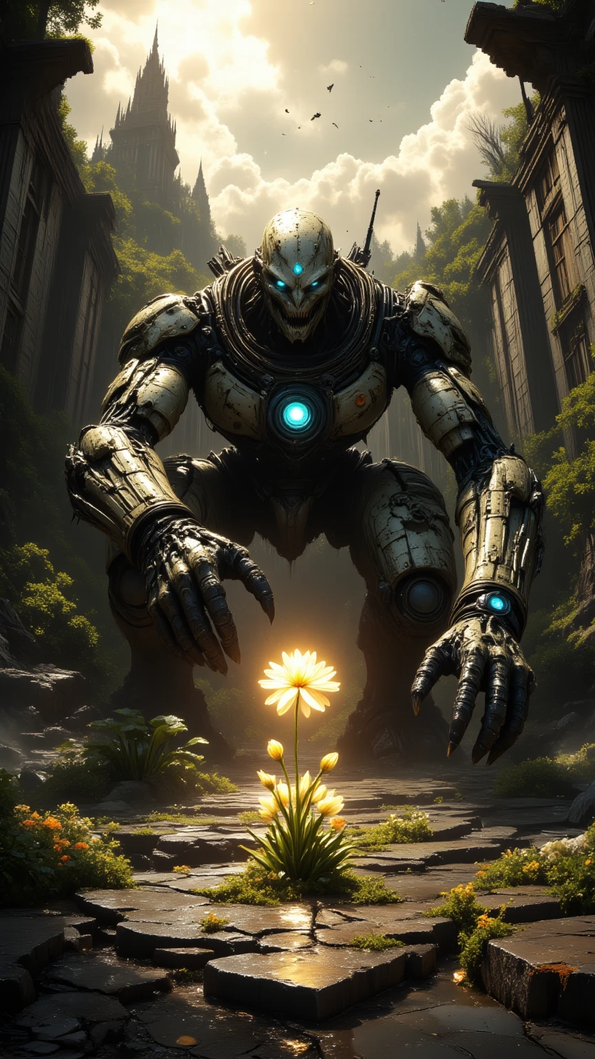 A dramatic and awe-inspiring low-angle view of a colossal, rugged robot ...