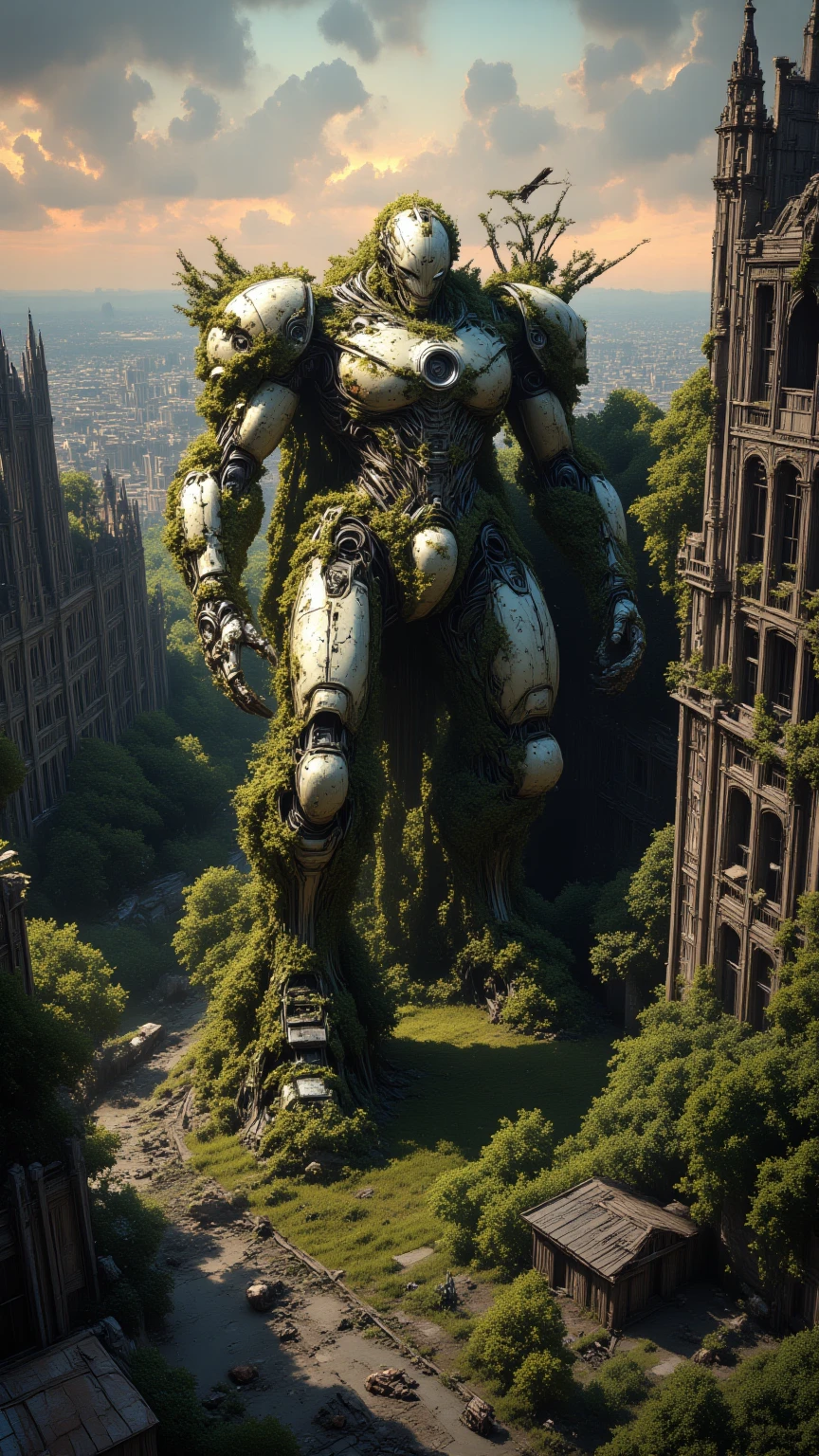 A hauntingly beautiful scene of a colossal, ancient robot standing in ...