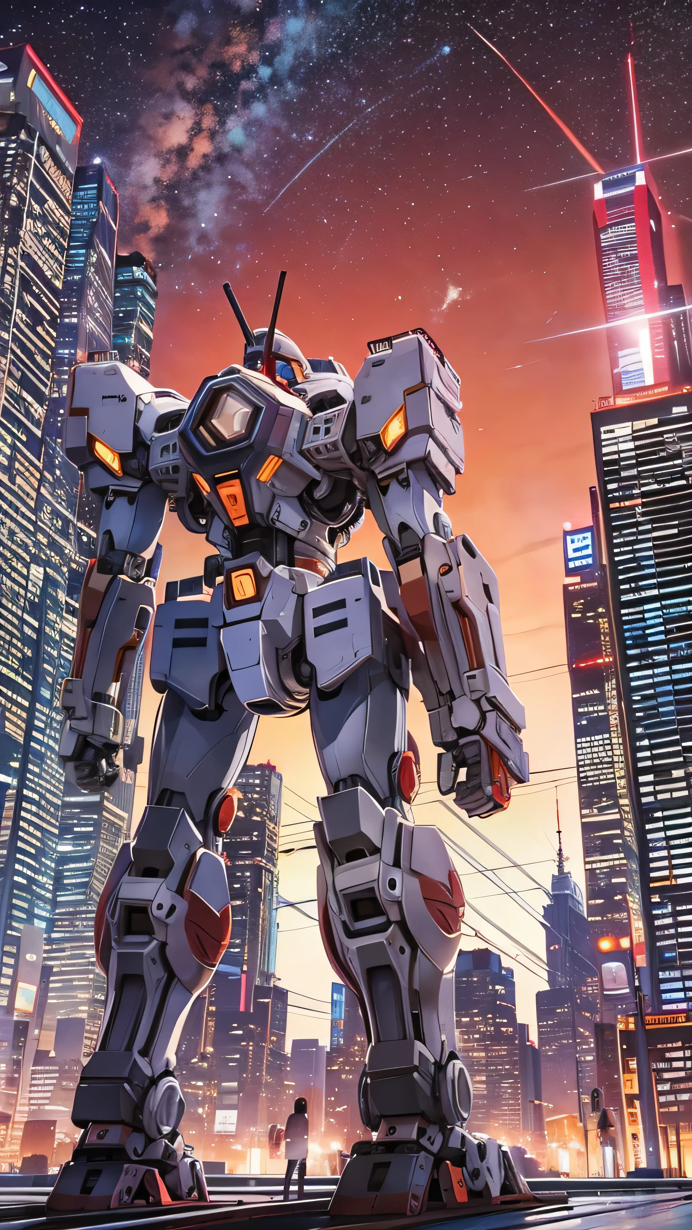 Anime style robot standing in front of a city skyline at night - SeaArt AI
