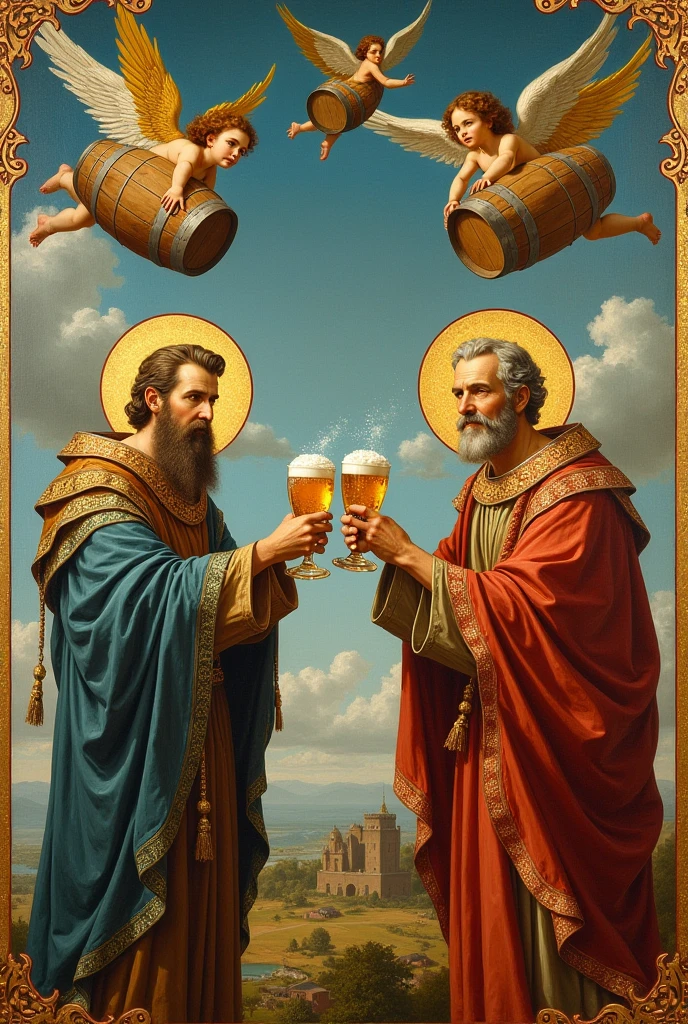 A byzantine painting. Foreground: Two saints clashing beers. - SeaArt AI