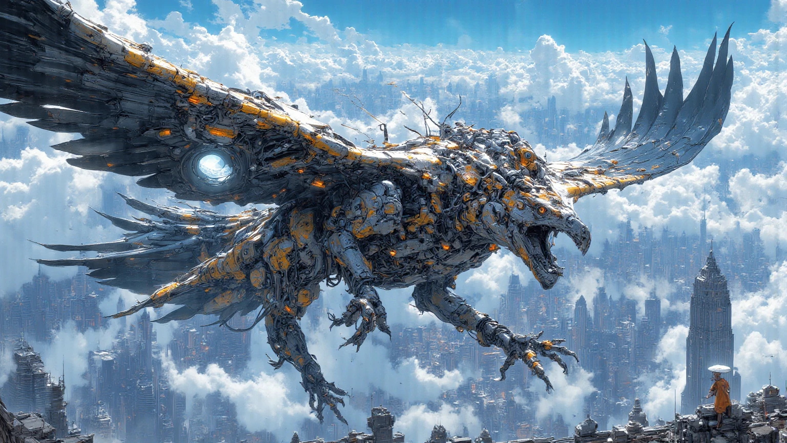 メガロポリスに現れた巨大な鷹🦅の robot , gliding with large wings spread out - SeaArt AI