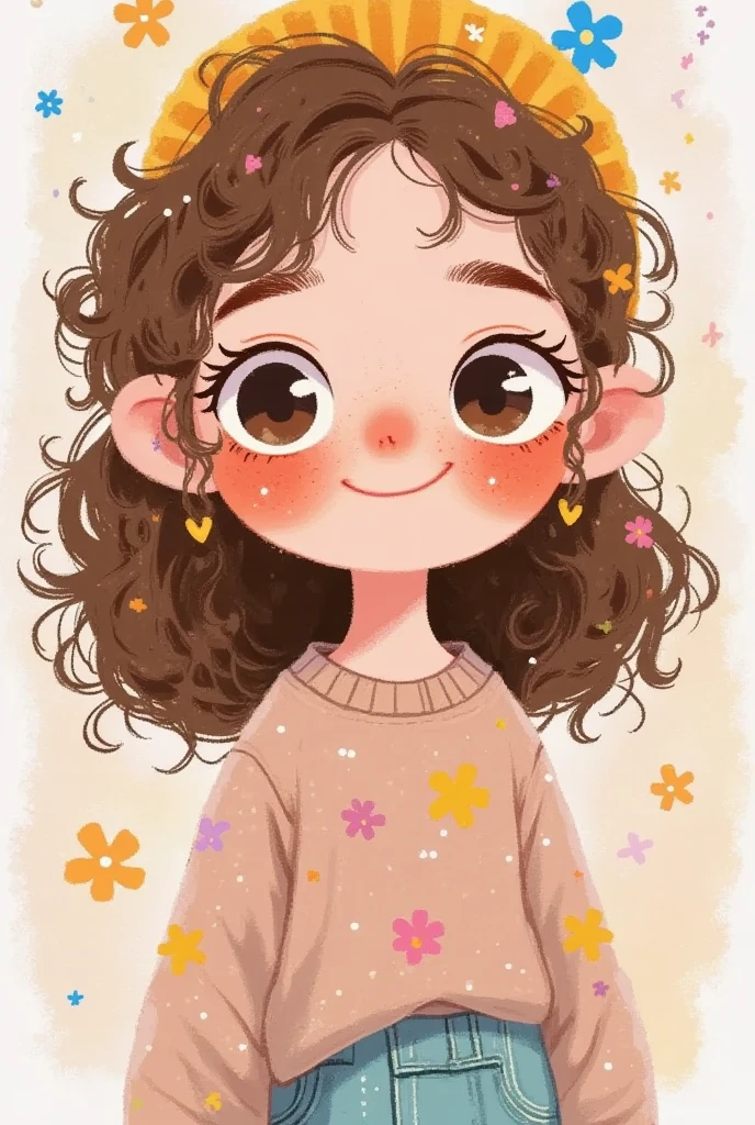 a cartoon girl with long brown hair wearing a hat, wavy curly hair ...