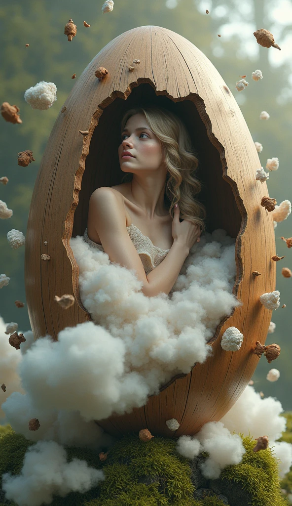 Woman clouds wool, hyperreal art, in the wooden egg's shard, 3d levitating objec - SeaArt AI