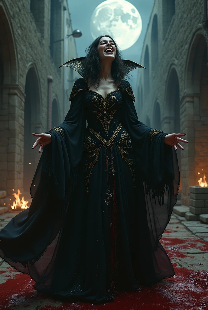 Evil dark skin female vampire queen in dark gothic dress with gilded ...