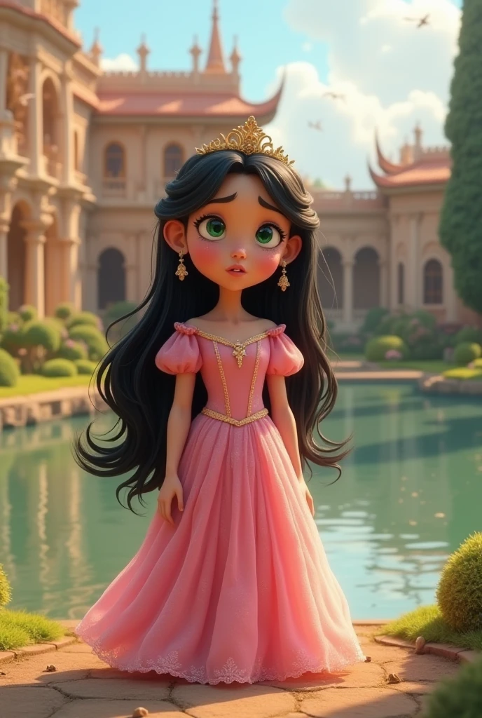 Beautiful little princess, long black hair, wide green eyes, worried ...