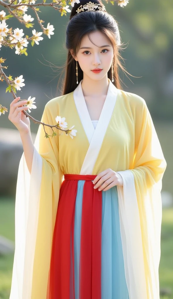 The image depicts a young woman dressed in traditional Hanfu attire ...