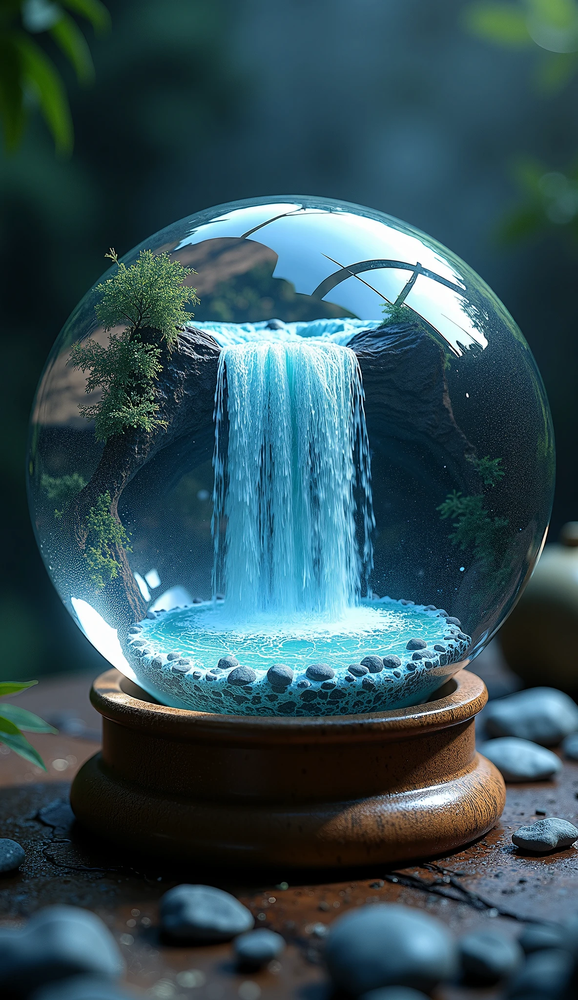 There is a glass ball with a waterfall inside of it - SeaArt AI