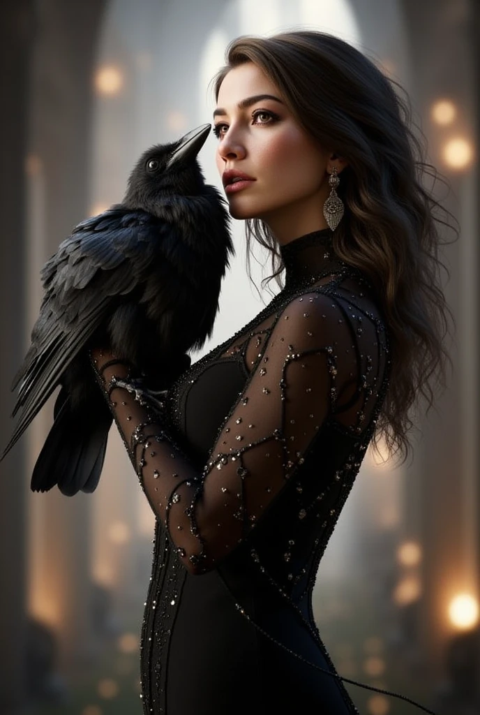 A cute woman who is an opera singer is holding a fluffy crow by her ...