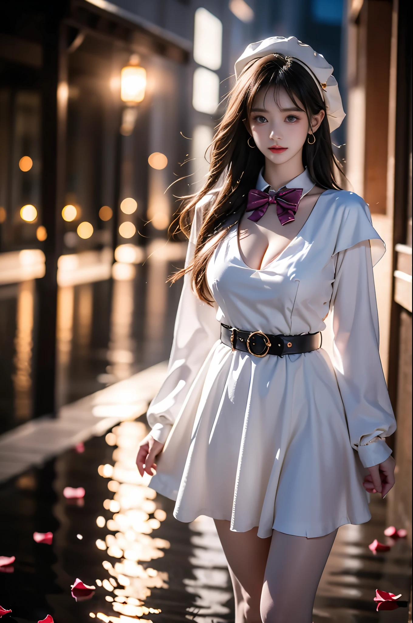 Araffe woman in white dress and bow tie walking down a street - SeaArt AI