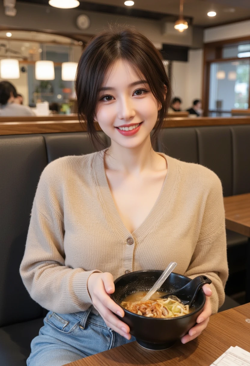realistic photograph,portrait of japanese girl sitting in ramen ...