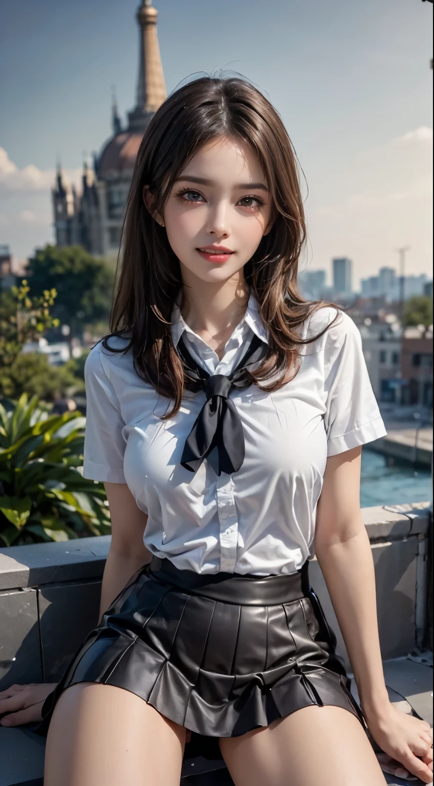 Arafed asian woman in a short skirt and white shirt posing for a ...