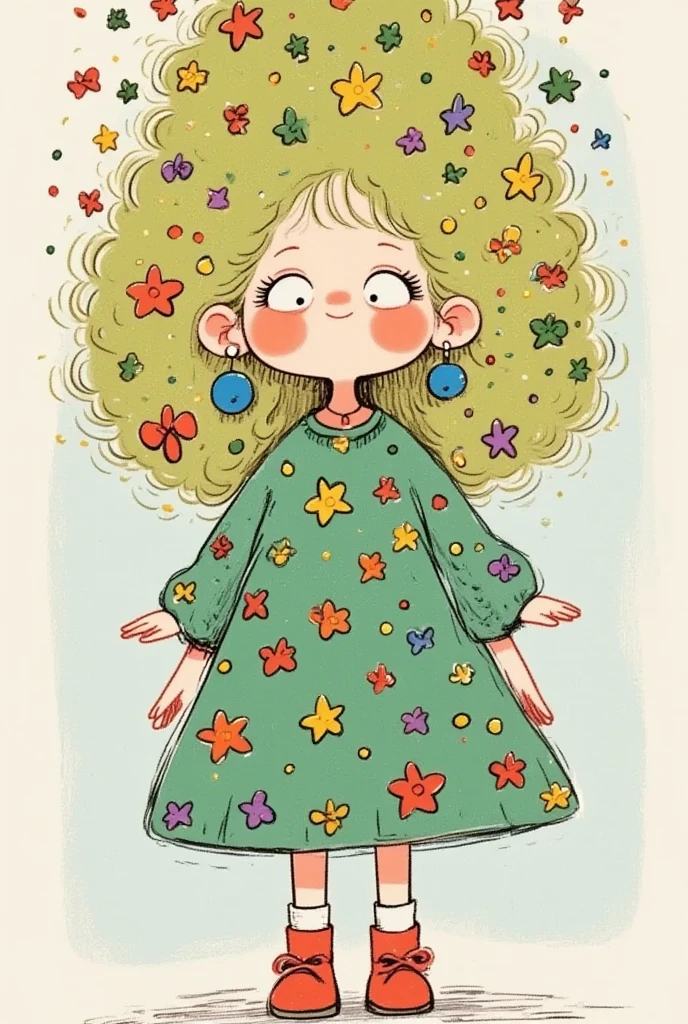 Line doodle girl，Low Fidelity，Green fluffy hair ， and her hair is ...