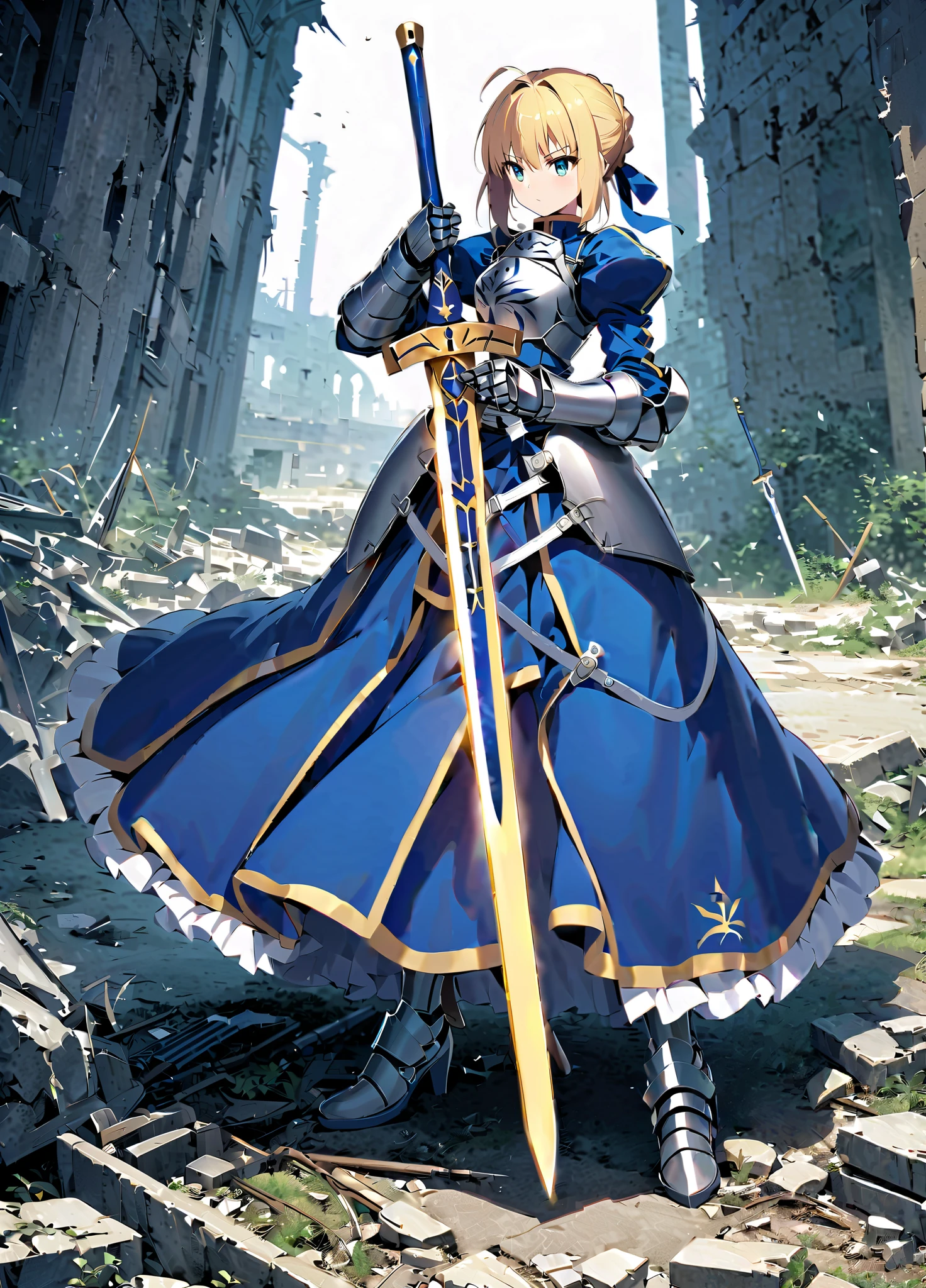 Anime girl in blue dress holding a sword in a ruined building（artoria ...