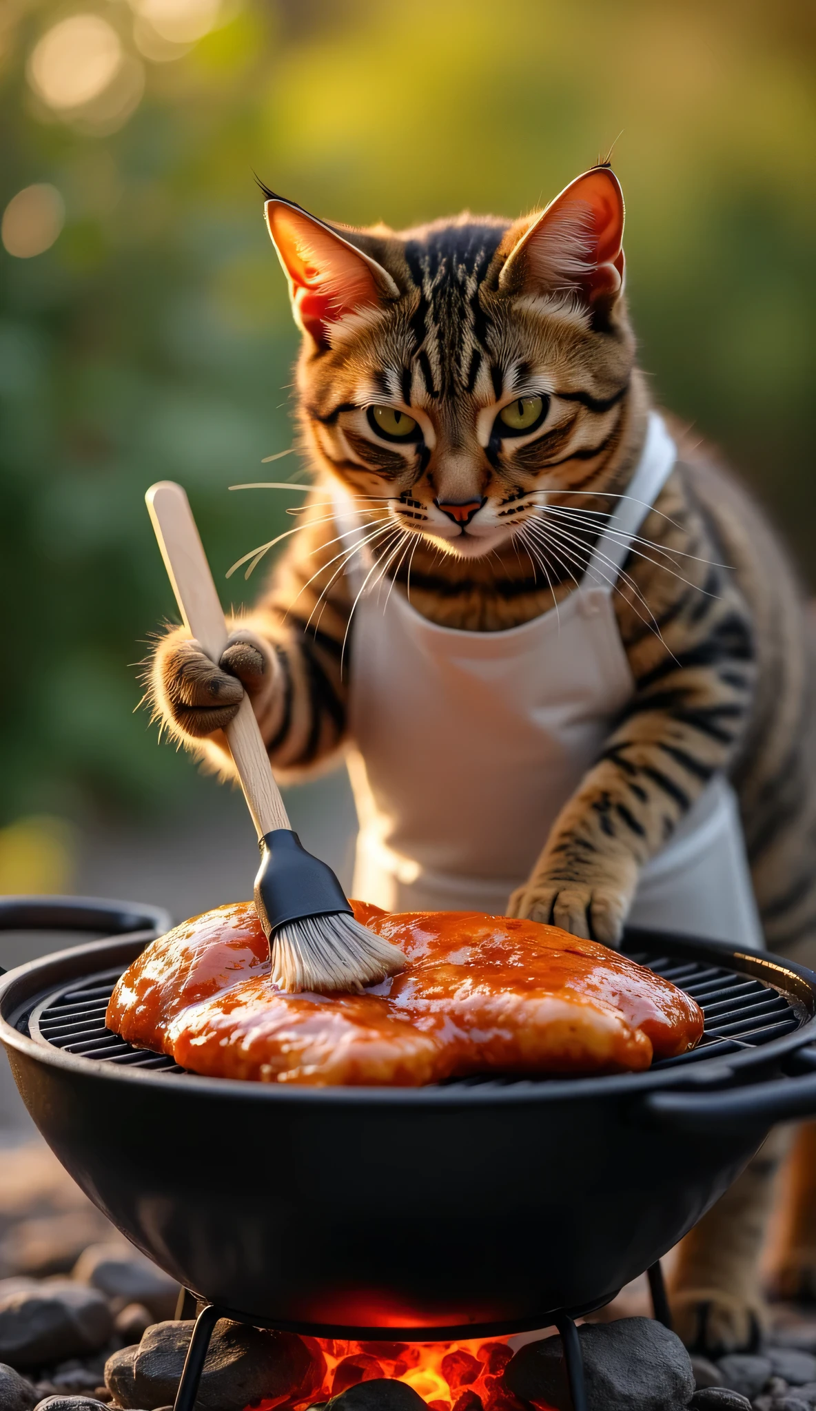 Araffe cat in an apron is cooking a barbecue on a grill - SeaArt AI