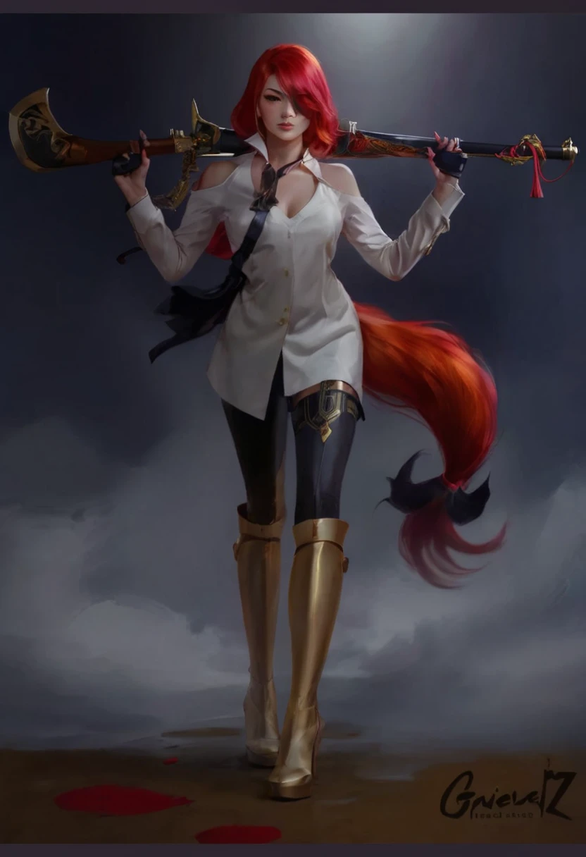 A painting of a woman with a gun and a red hair, fox nobushi holding a ...