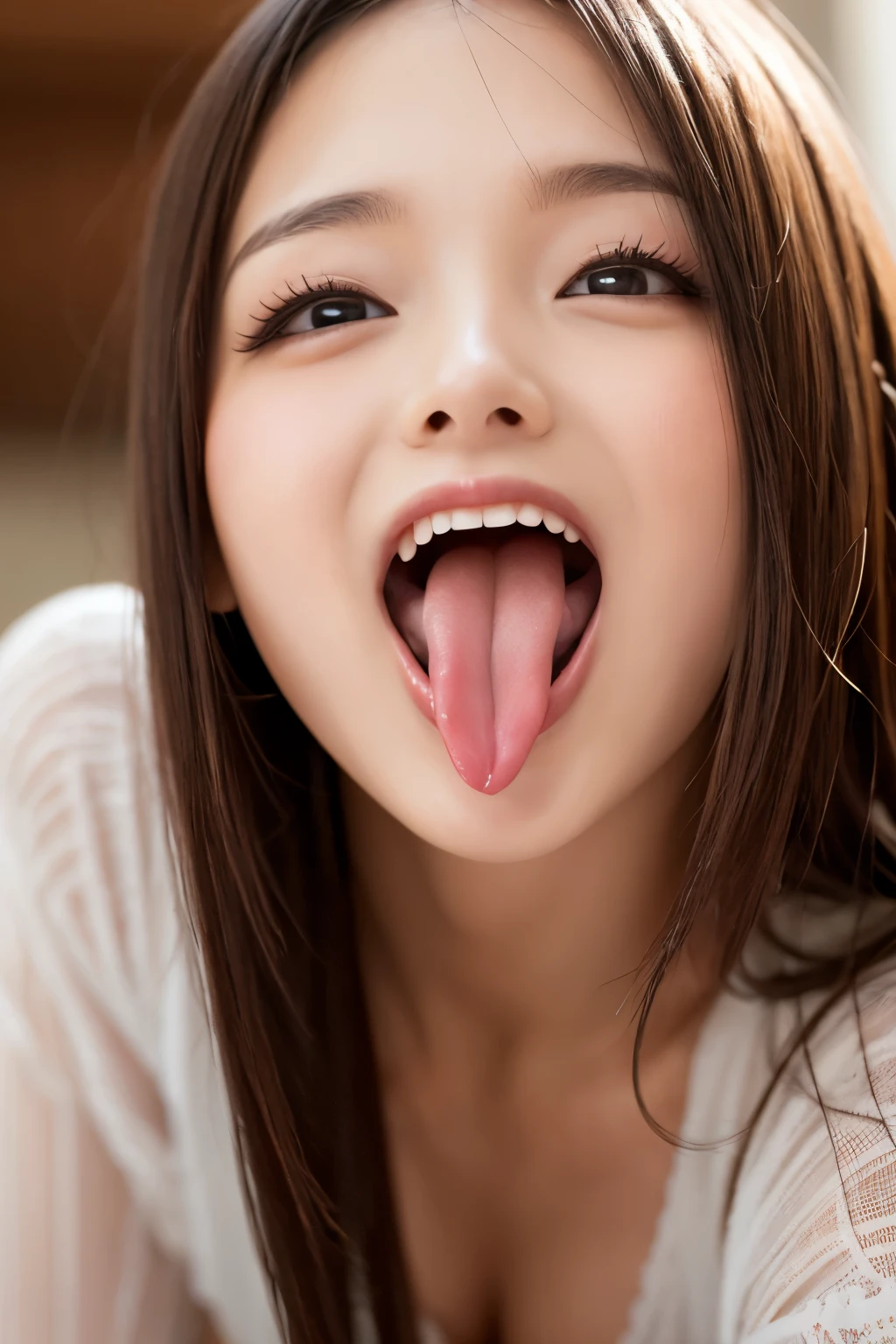 Arafed asian woman with long brown hair sticking out her tongue - SeaArt AI