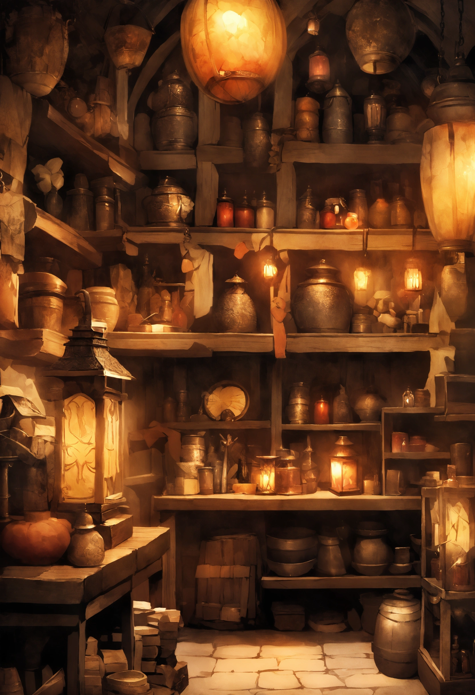 There is a room with many pots and jars on shelves - SeaArt AI