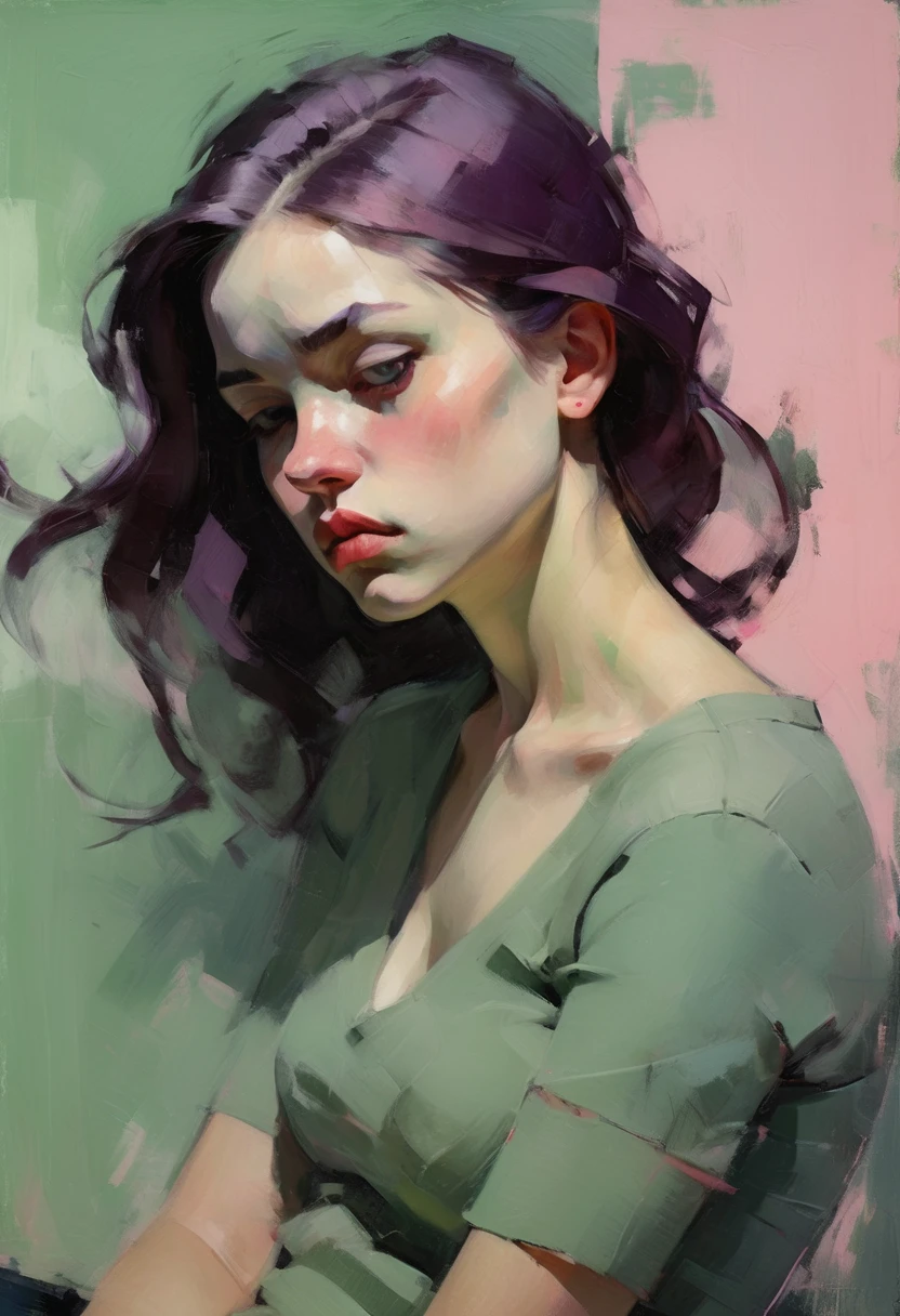Create a portrait of a young woman in a semi-reclining pose with a ...