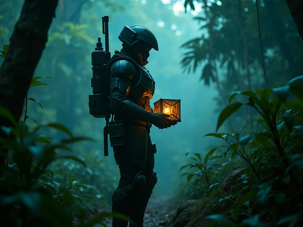 A futuristic soldier in sleek black armor holding a glowing cube ...