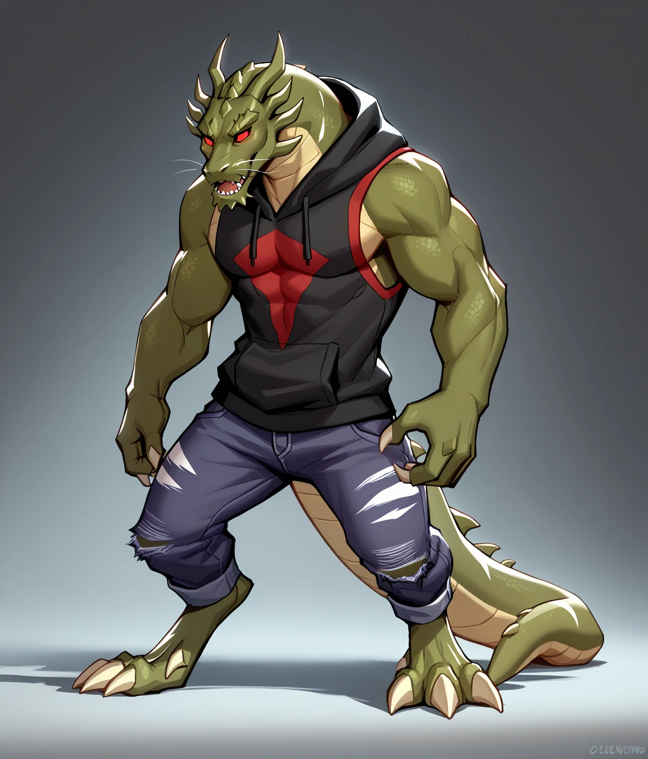 Shendu, anthro, solo, male, huge body, (feral:0.7), scale, detail scale ...