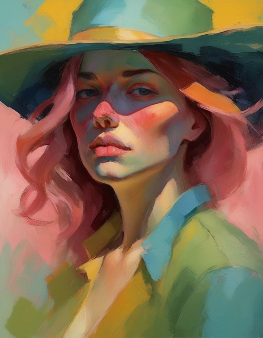 Create a bold and expressive portrait of a figure wearing a wide ...