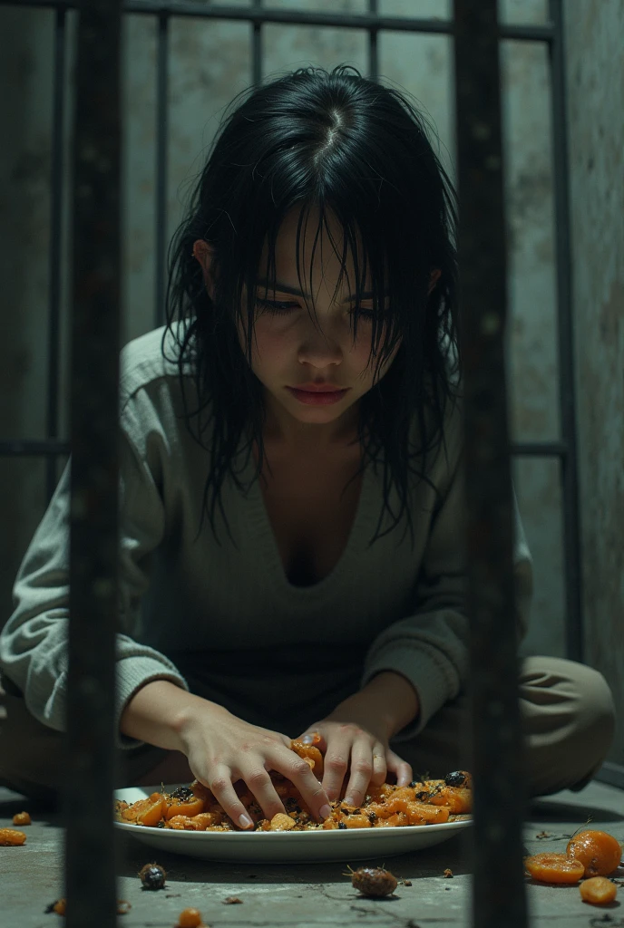A sad young woman crying behind bars, On the floor eating food with ...