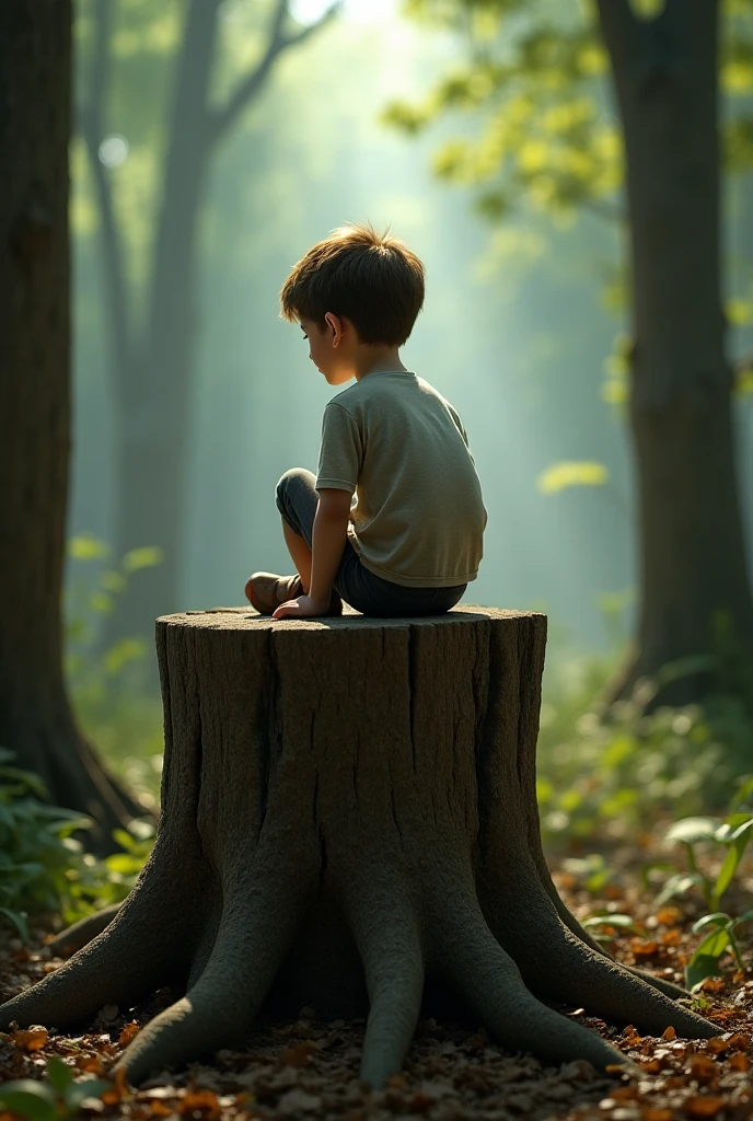 Create an image of a fictional boy sitting on a sad tree stump in a ...