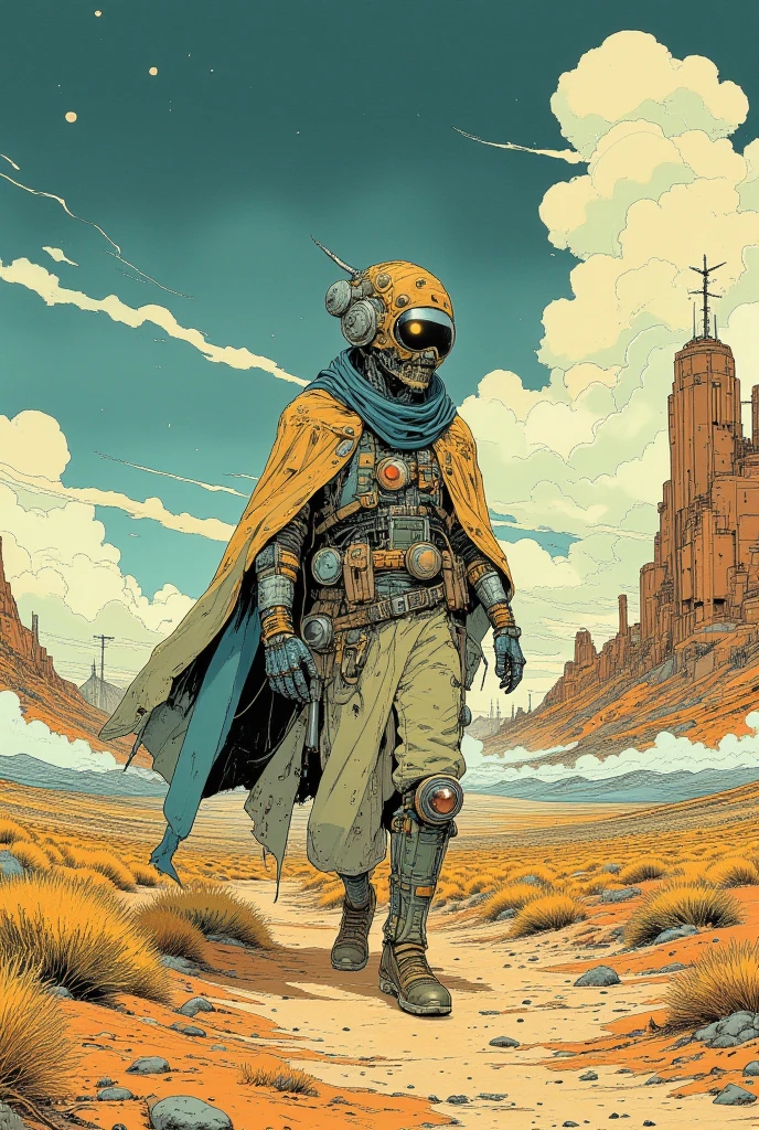 Illustration (style: Ukiyoe, comic book) space cowboy, wandering cyborg ...