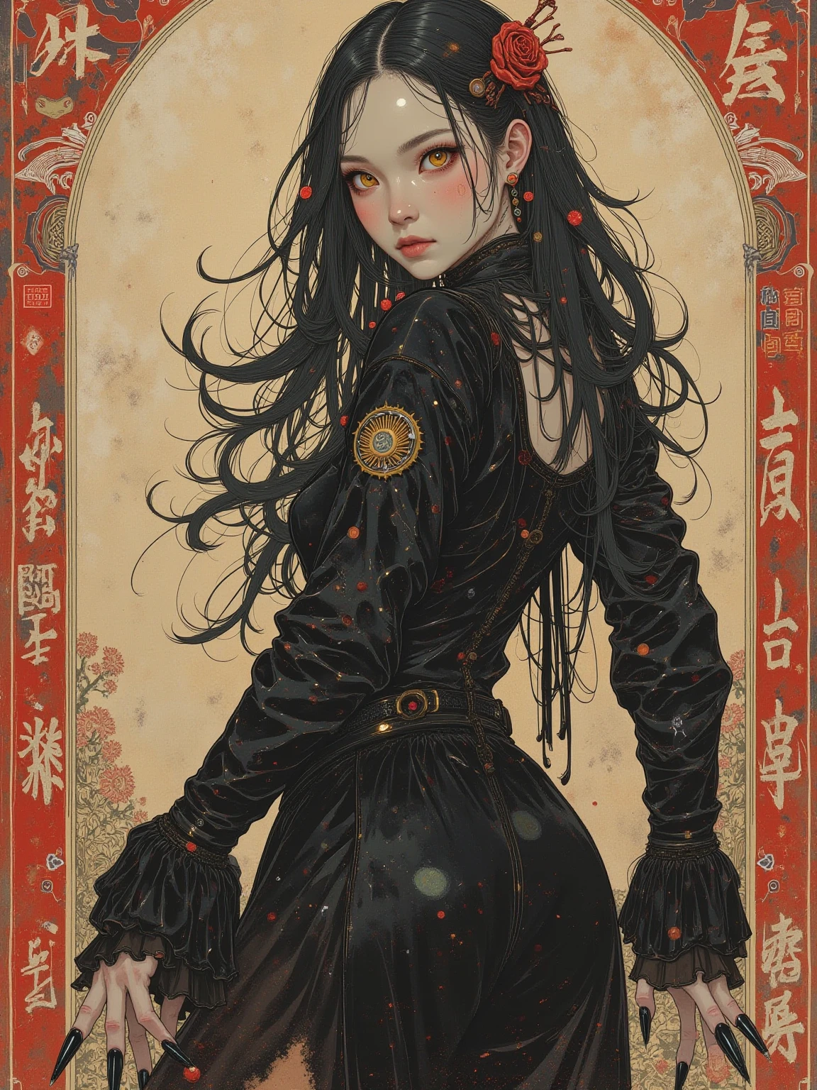 A full-body picture of a vampire woman , old designs mixed Japanese and ...