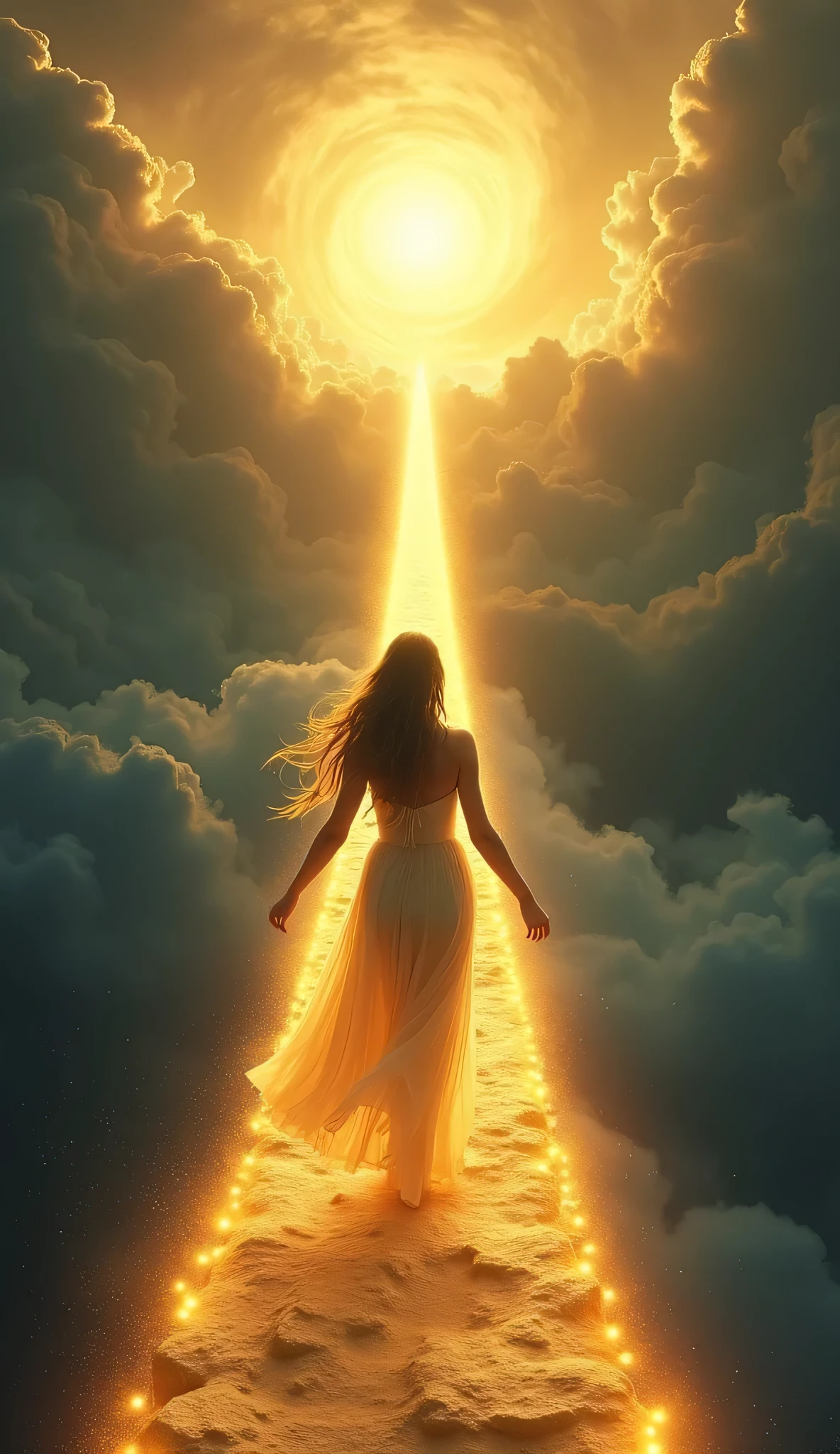 A radiant woman stands at the center of a glowing bridge that spans a ...