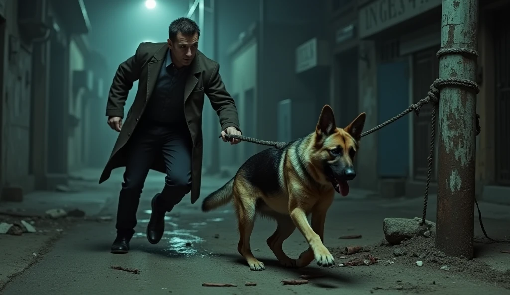 The photo depicts a male detective rescuing a German Shepherd dog ...