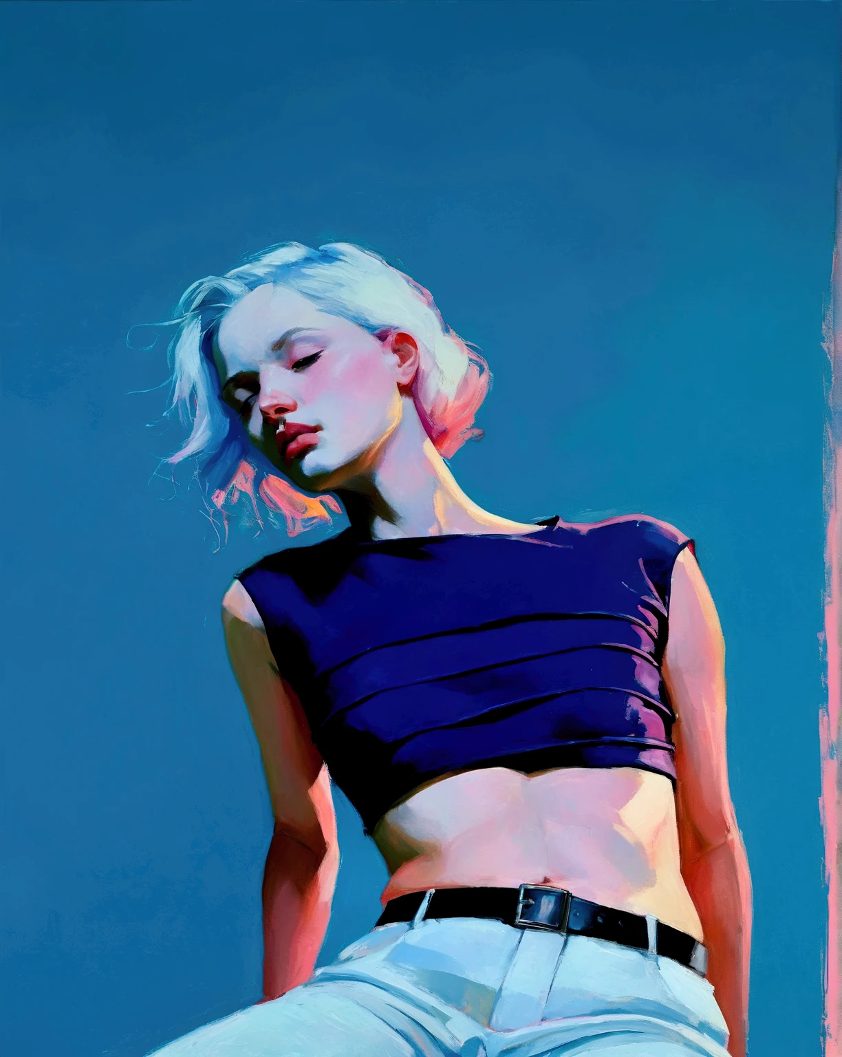 Create a portrait of a young woman in a semi-reclining pose with a ...