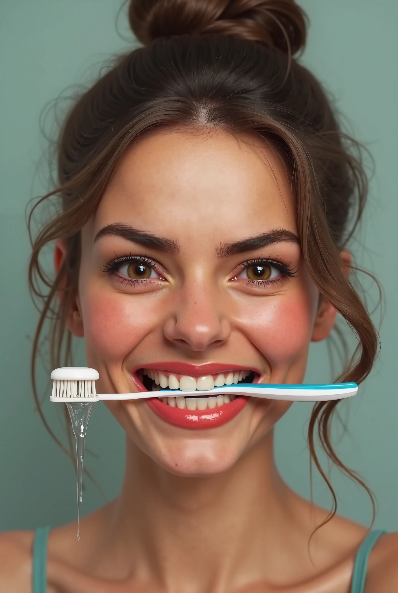 Smiling woman with toothbrush in mouth and messy bun bun bun bun bun ...