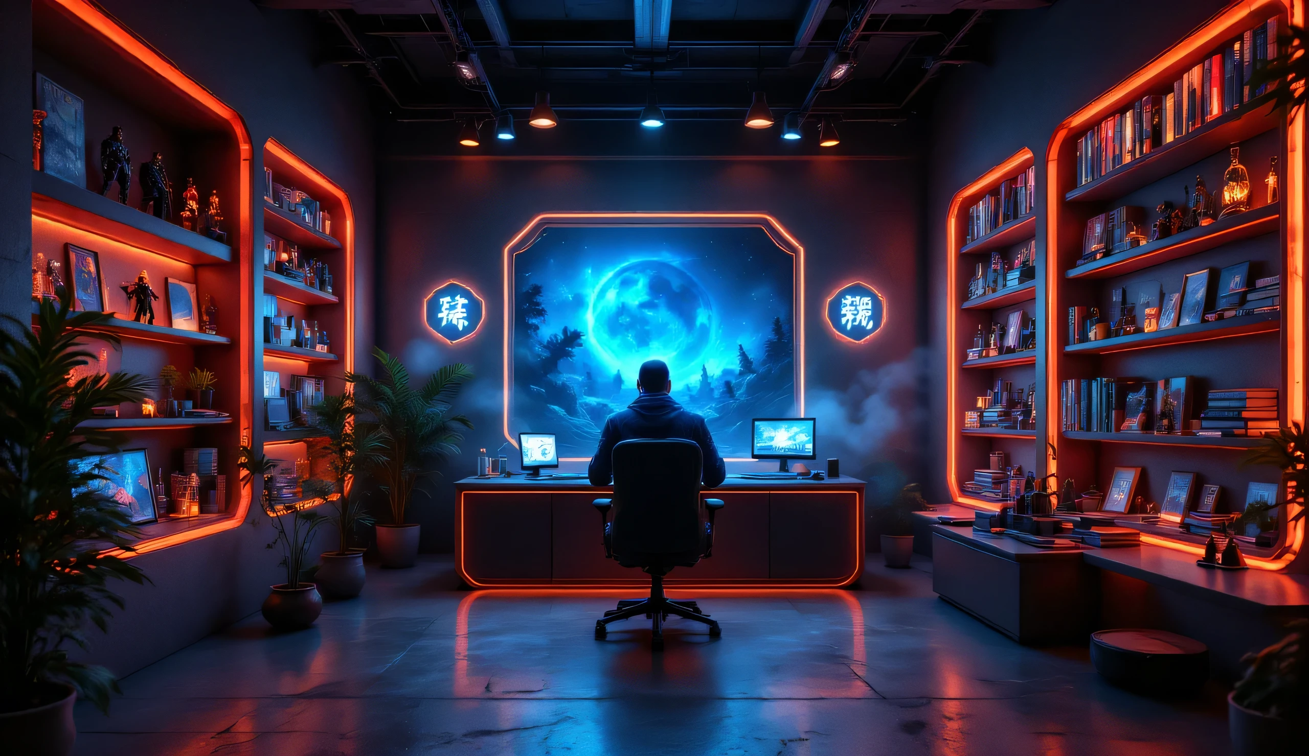 Dimly lit office with a man sitting at a desk in front of a painting ...