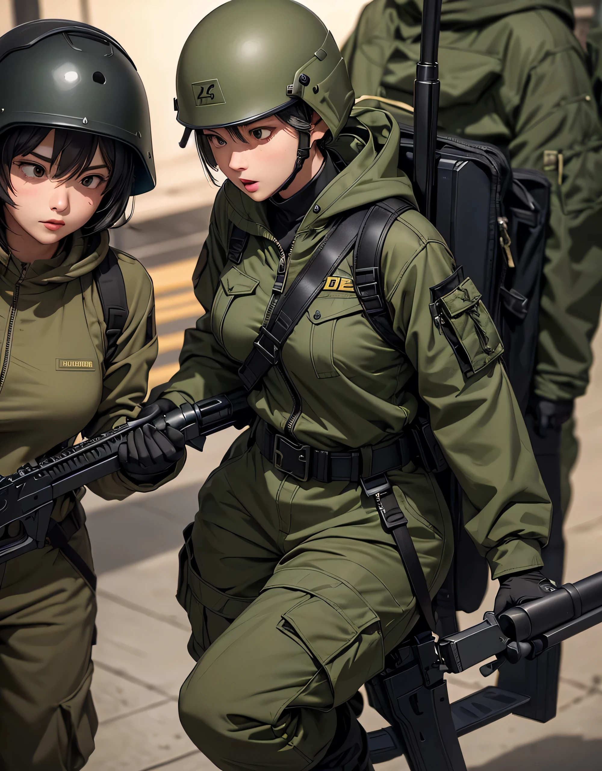Two women in military uniforms are holding guns and walking - SeaArt AI