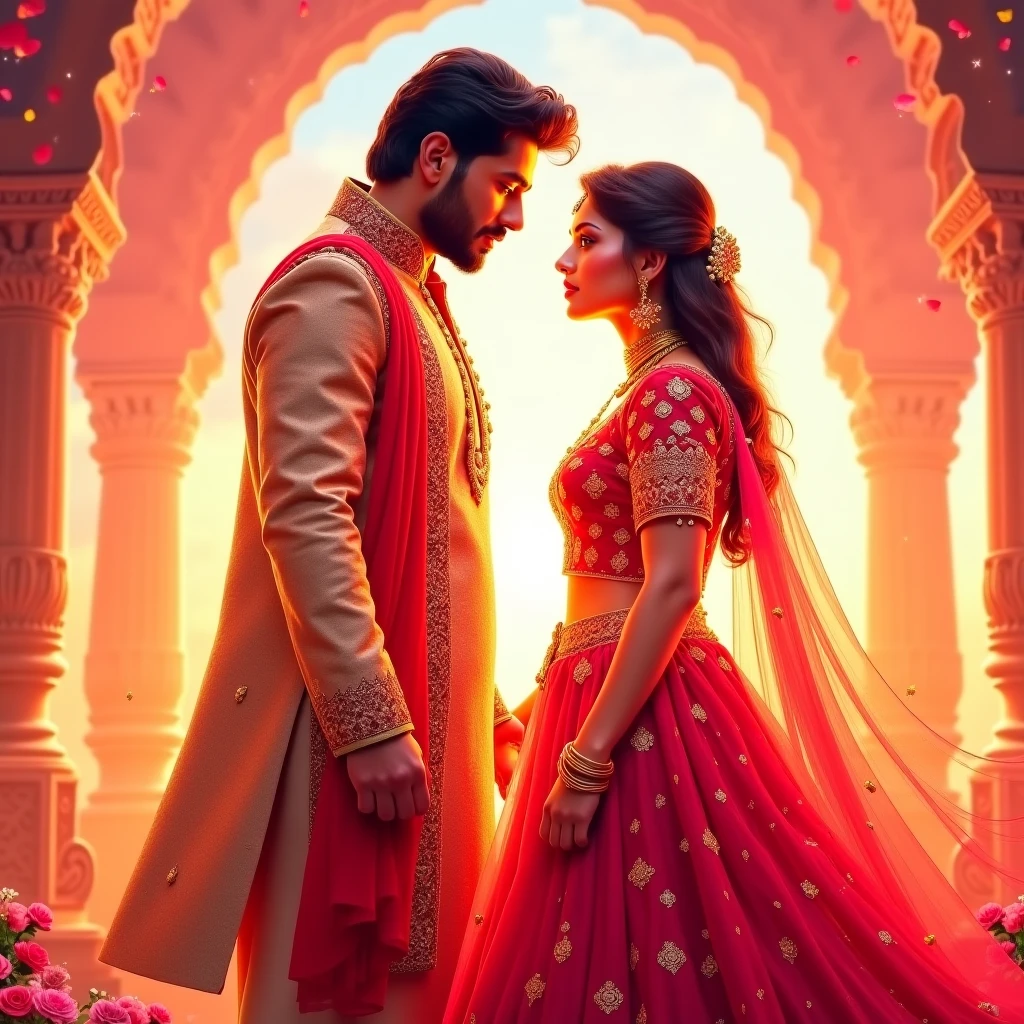 Design a Bollywood movie poster showcasing a royal romance theme with ...