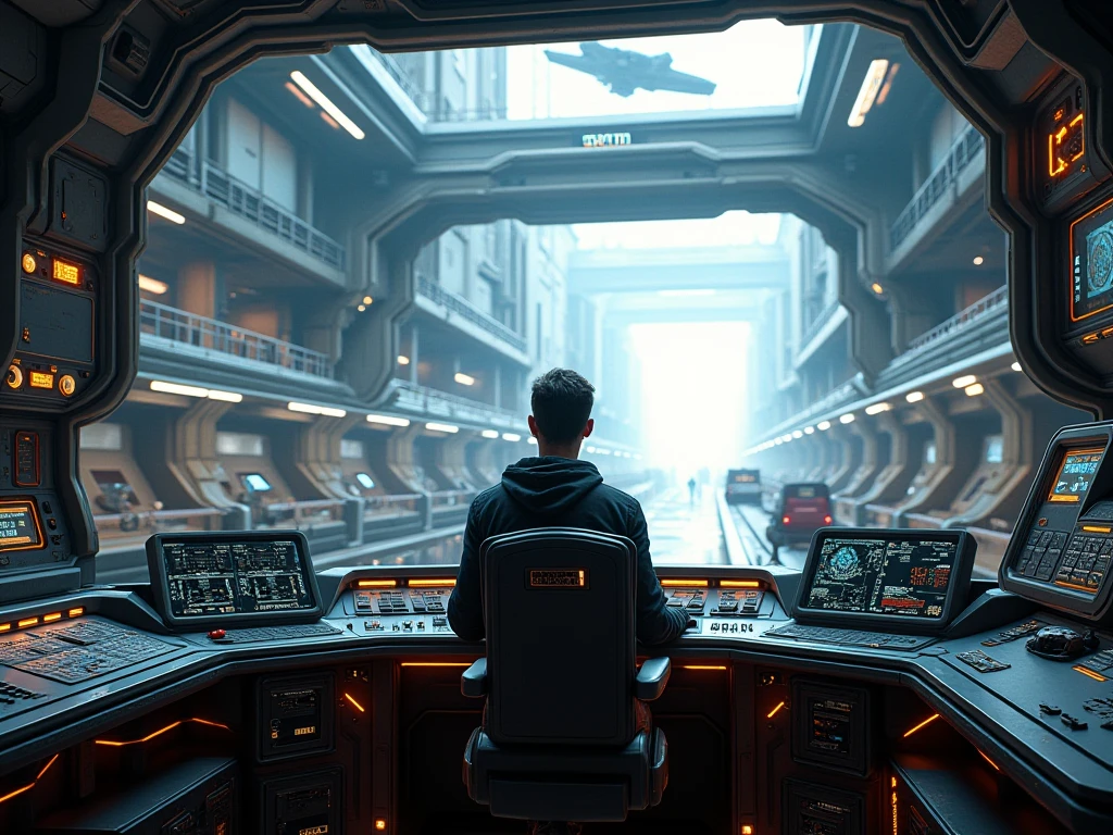 Spaceship docking bay control centre, very large hangar visible through ...