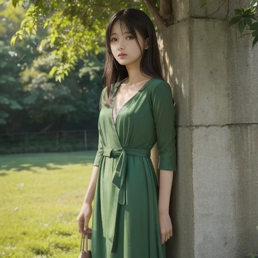 A woman wearing a yellow-green long dress is standing in the shade of a ...