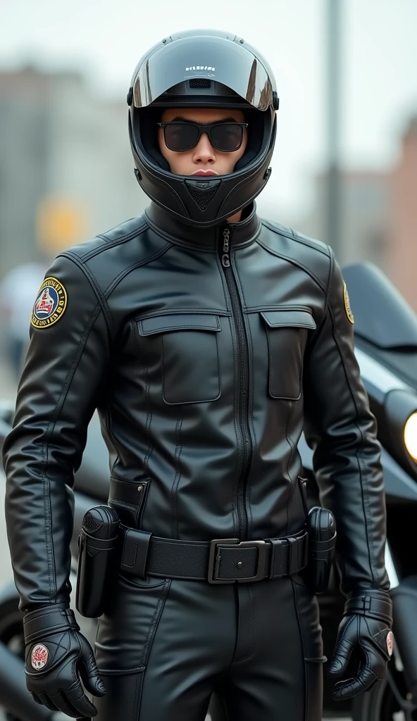 A young man in a black leather motorcycle police uniform with police ...