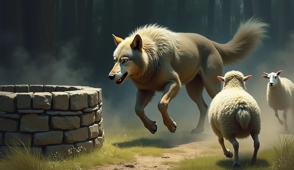 "A fierce wolf lunges at the flock of sheep near a stone well - SeaArt AI