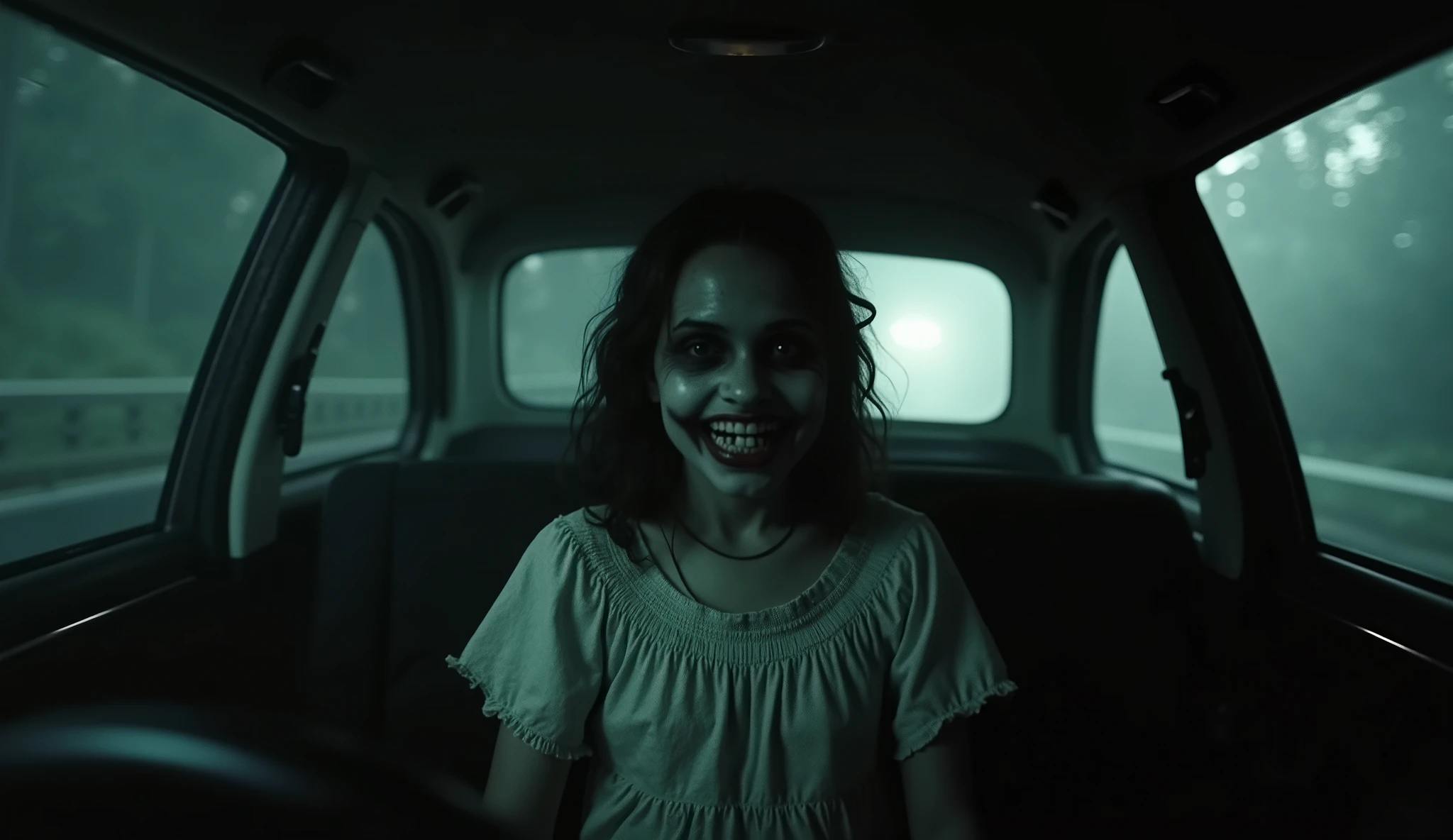 Arafed woman in a car with a creepy smile on her face - SeaArt AI